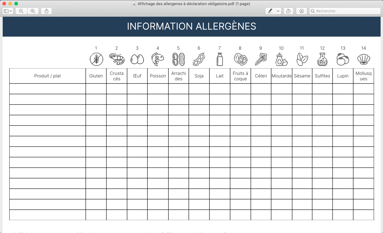 Tableaux allergènes en restauration - PDF et Excel (GRATUIT)