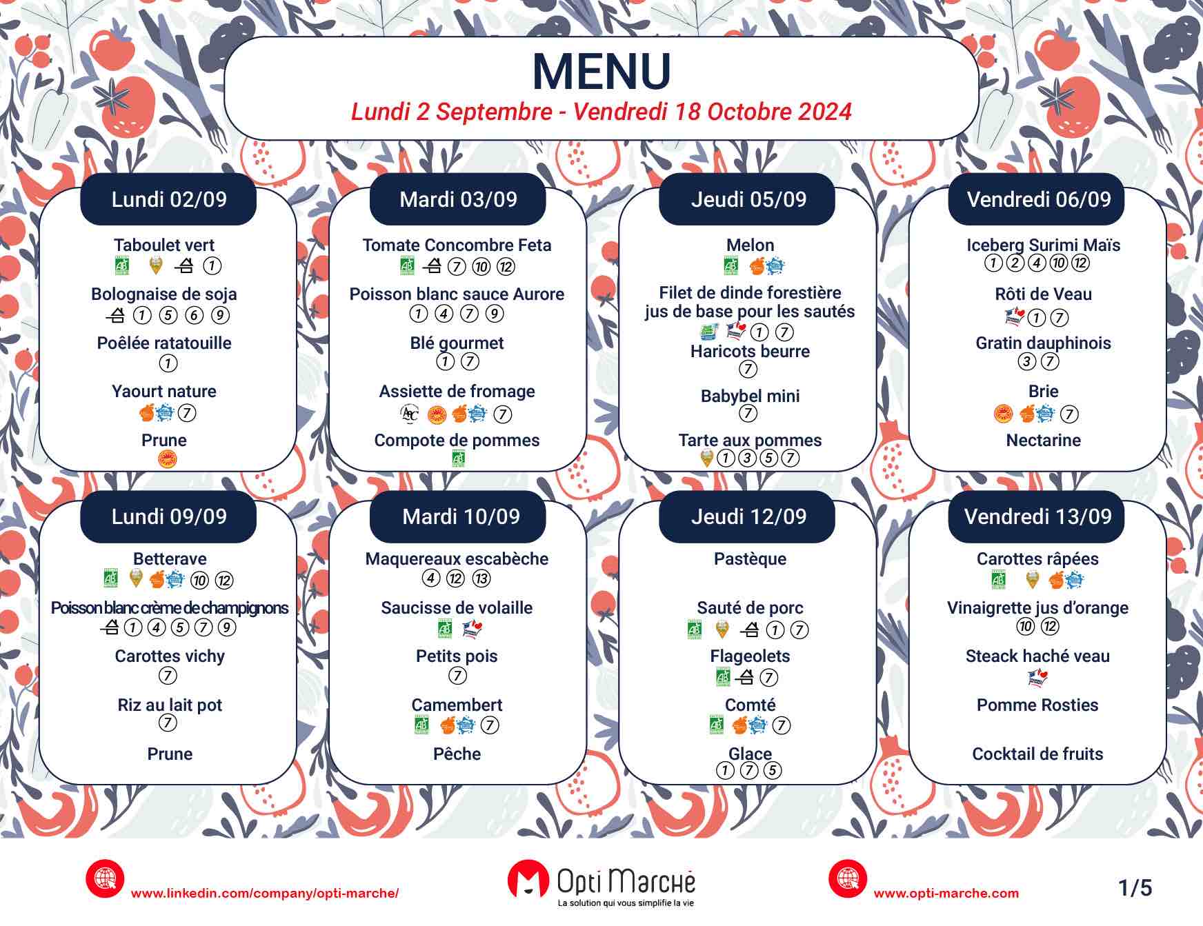 Menus cantine scolaire Septembre à Décembre 2024 - GRATUIT