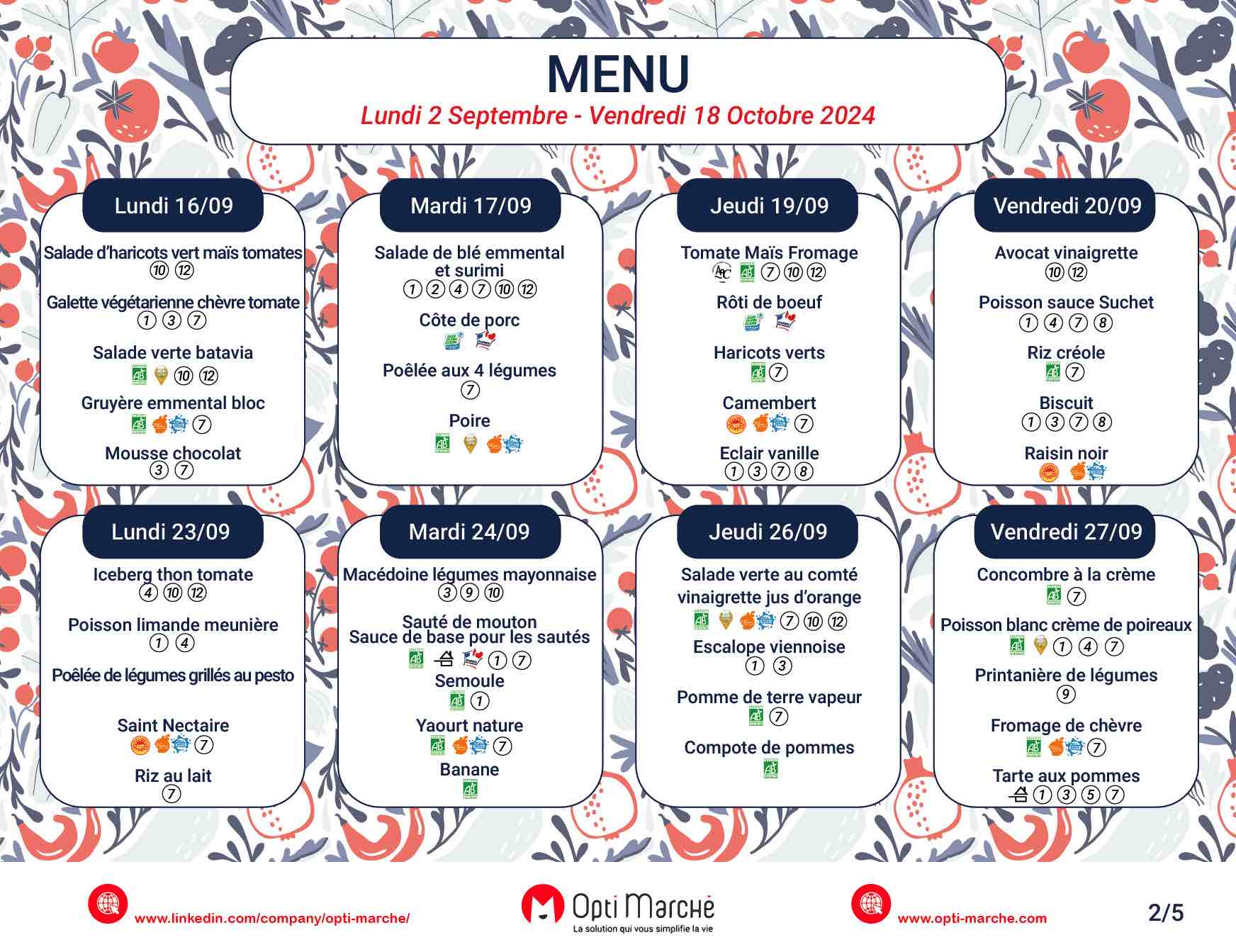 Menus cantine scolaire Septembre à Décembre 2024 - GRATUIT