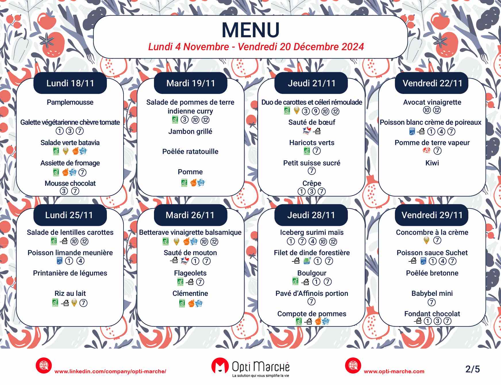 Menus cantine scolaire Septembre à Décembre 2024 - GRATUIT