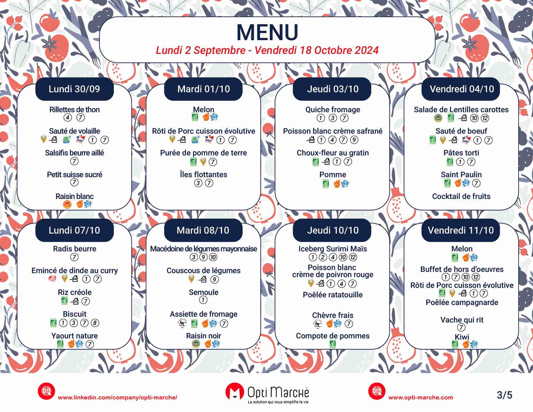 Menus cantine scolaire Septembre à Décembre 2024 - GRATUIT