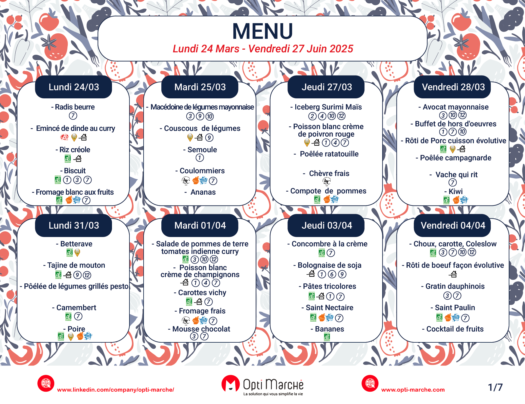 Menus cantine scolaire : 24 mars au 27 juin 2025 | GRATUIT